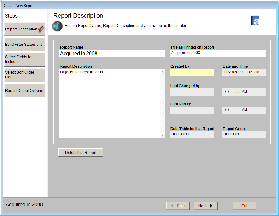 Creating a New Report